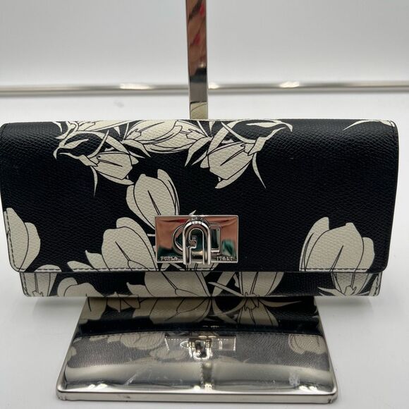Furla | Bags | Furla Black And White Floral Pattern Long Wallet | Poshmark